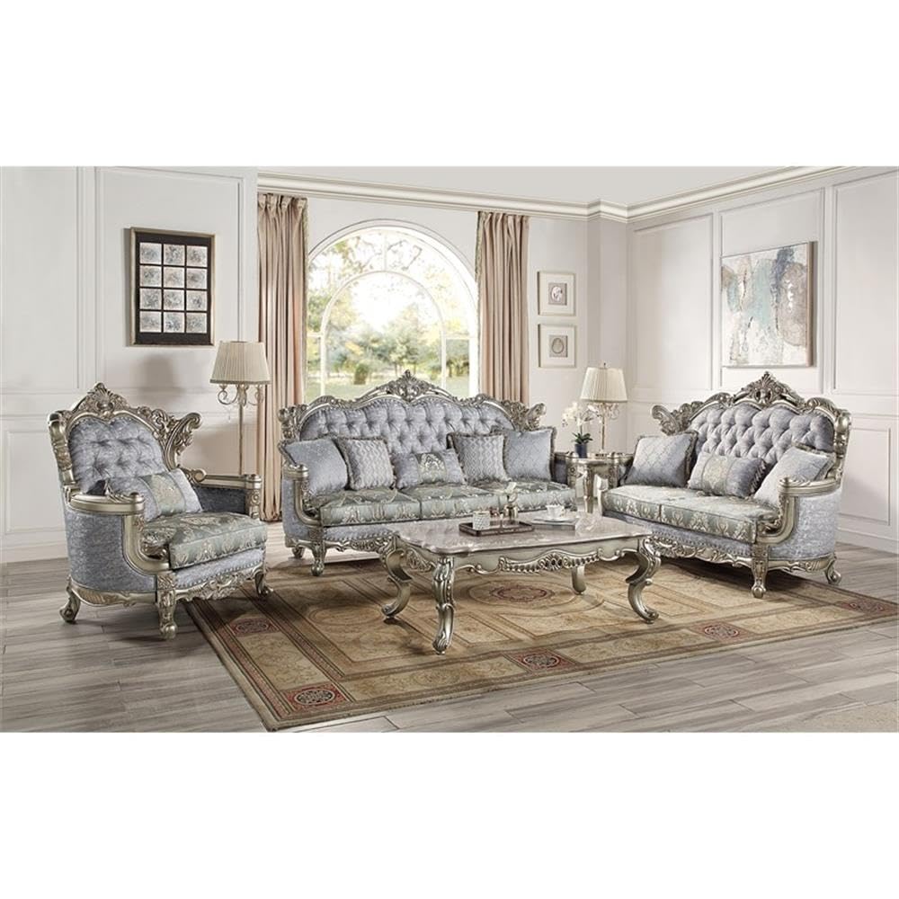 Acme Furniture Miliani Tufted Fabric & Wood Sofa with 5 Pillows in Gray/Bronze