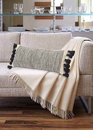LR Home Distressed Fringe Pillow, 28"x12", Gray/Black/Ivory