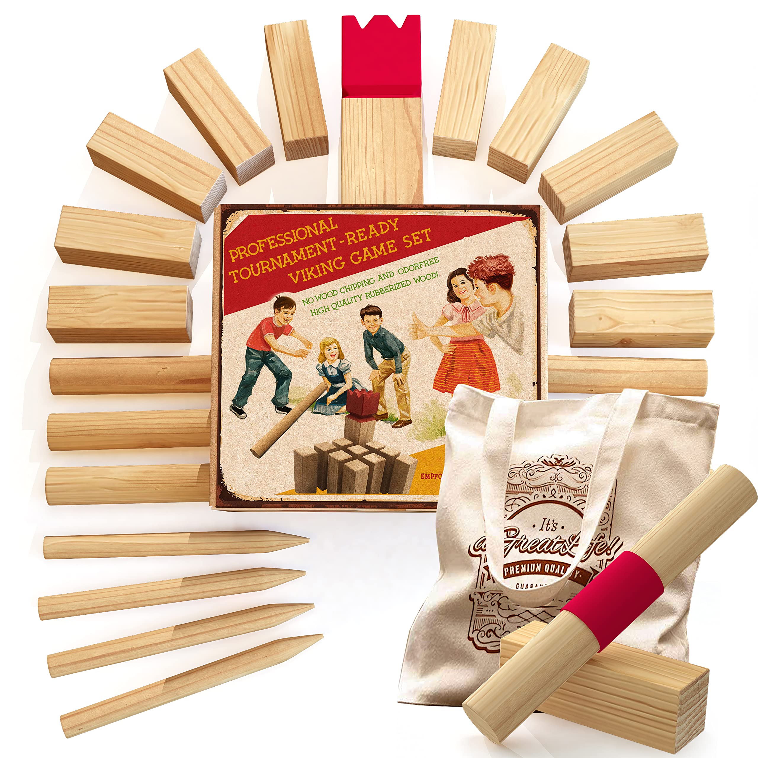 AGREATLIFE Kubb Yard Game Set Made of Rubberwood Viking Chess Pieces - Comes with 2 Extra Pieces and an Extra Large Carrying Bag - Great for Backyard and Camping Games, Family reunions