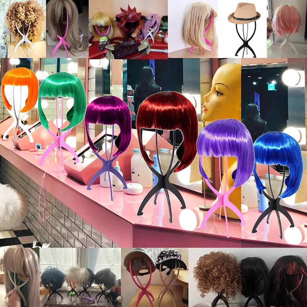 wiysday 6PCS Wig Holder,Wig Stands, Collapsible Wig Stand for Short Wig,14 inch Portable Travel Wig Holder (Black)