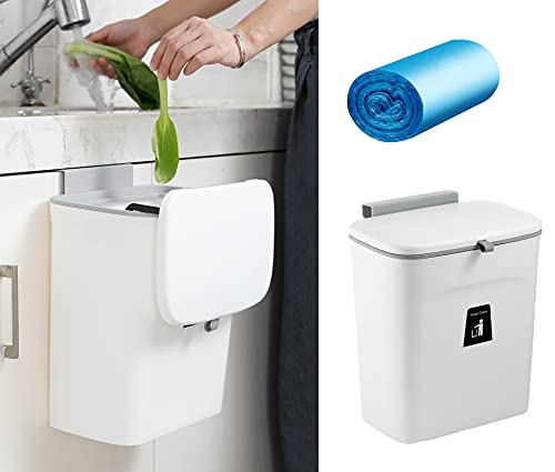 Lunies 2.4 Gal Compost Bin/Hanging Small Trash Can with Lid for Kitchen Cabinet Door/Counter Top/Under Sink/Bedroom/Bathroom/Cupboard White