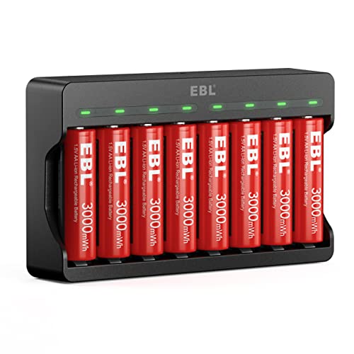 EBL 8 Pack Rechargeable Lithium AA Batteries, 1.5V 3000mWh Double a Batteries Long Lasting AA Li-ion Battery (8AA with Charger)