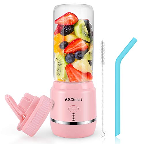 iOCSmart Portable Blender USB Rechargeable, Mini Blender for Shakes and Smoothies, Personal Blender with Silicone Straw 13.5oz Bottle for Travel Sports Kitchen (Pink)
