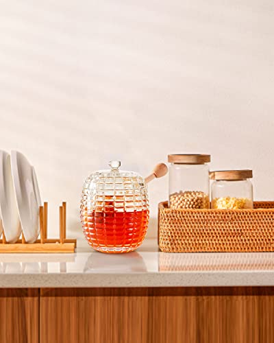Ahoo Glass Honey Jar,Dispenser Honey Pot Containers with Wooden Dipper Stick Set and Lid,Storage Honey Holder Bottle