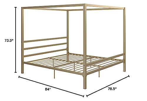 DHP Modern Metal Canopy Platform Bed with Minimalist Headboard and Four Poster Design, Underbed Storage Space, No Box Spring Needed, King, Gold