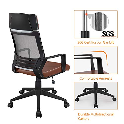 Yaheetech Executive Office Chair, Ergonomic High Back Leather/Mesh Desk Chair with Headrest and Lumbar Support, Swivel Chairs on Wheels/Castors for Home Office, Brown
