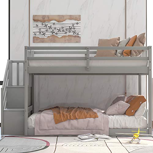 P PURLOVE Twin Over Twin Junior's Low Bunk Bed with Storage Stairs,Wood Floor Bunk Bed with Storage for Kids Teens,Floor Twin Size Bunk Bed with Slat, No Box Spring Need