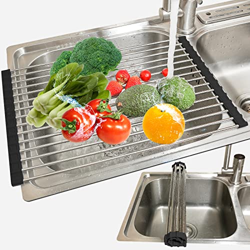 Ahyuan Roll up Dish Drying Rack Over The Sink Kitchen Roll up Sink Drying Rack Portable Dish Drainer Foldable Dish Drying Rack (Stainless Steel 17.7''X11.8'', Black)
