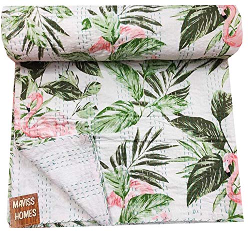 Maviss Homes Indian Traditional Handmade Patchwork Cotton Super Soft Kantha Quilt Blanket | Throw Bedspread Blanket | Bedroom Décor Throw Quilt |Home Décor; Green