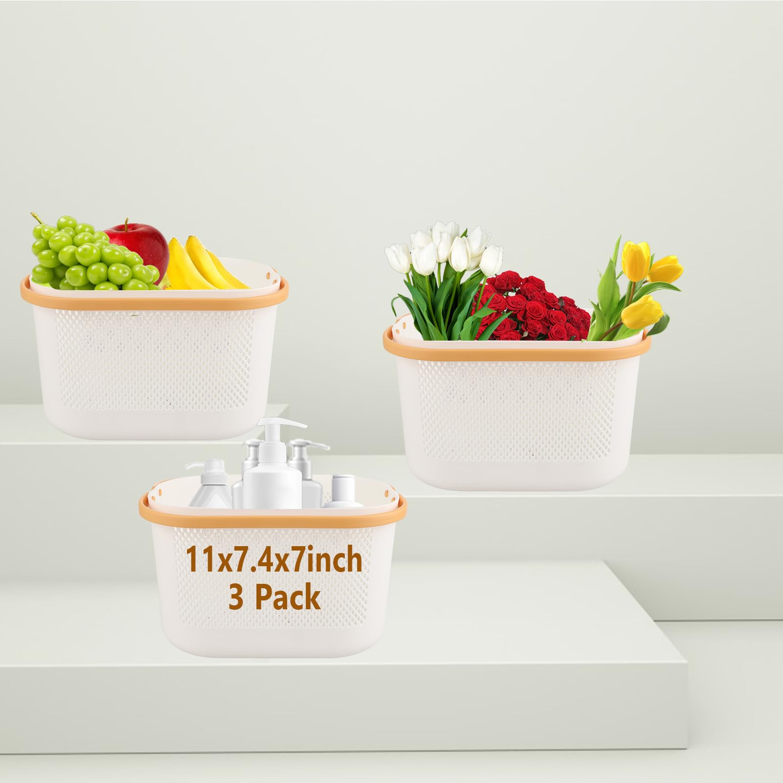 Acrux7 3 Pack Plastic Storage Baskets with Handles, 11x7.4x7 inch Portable Shower Caddy Tote Storage Basket for Bathroom, Kitchen, Dorm Room, Cleaning Supplies (White)