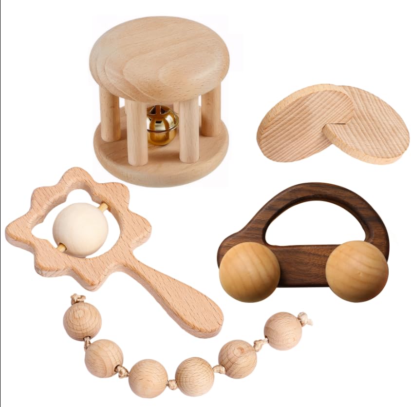 Wooden Baby Toys for Babies 0-6 Mounths, Wooden Rattles Grasping Toys Set, Montessori Wood Baby Push Car and Handbells,Interlocking Dics Toys, Wooden Toy for Newborn Infant Baby Gifts, 5 PCS