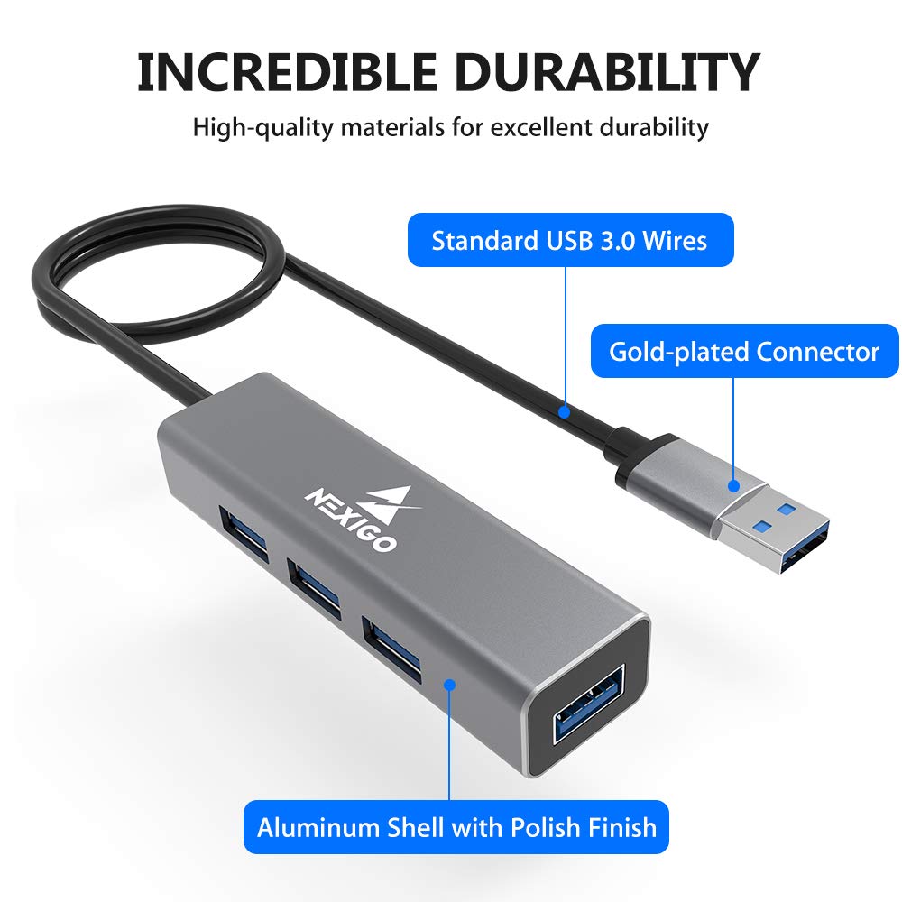 NexiGo 4-Port USB 3.0 Hub, Aluminum Portable USB Hub, 2 Ft Cable, [5Gbps High Speed, 4.5W Charging Supported] for MacBook, Mac Pro/Mini, iMac, Surface Pro, Laptop, USB Flash Drives, Hard Drives