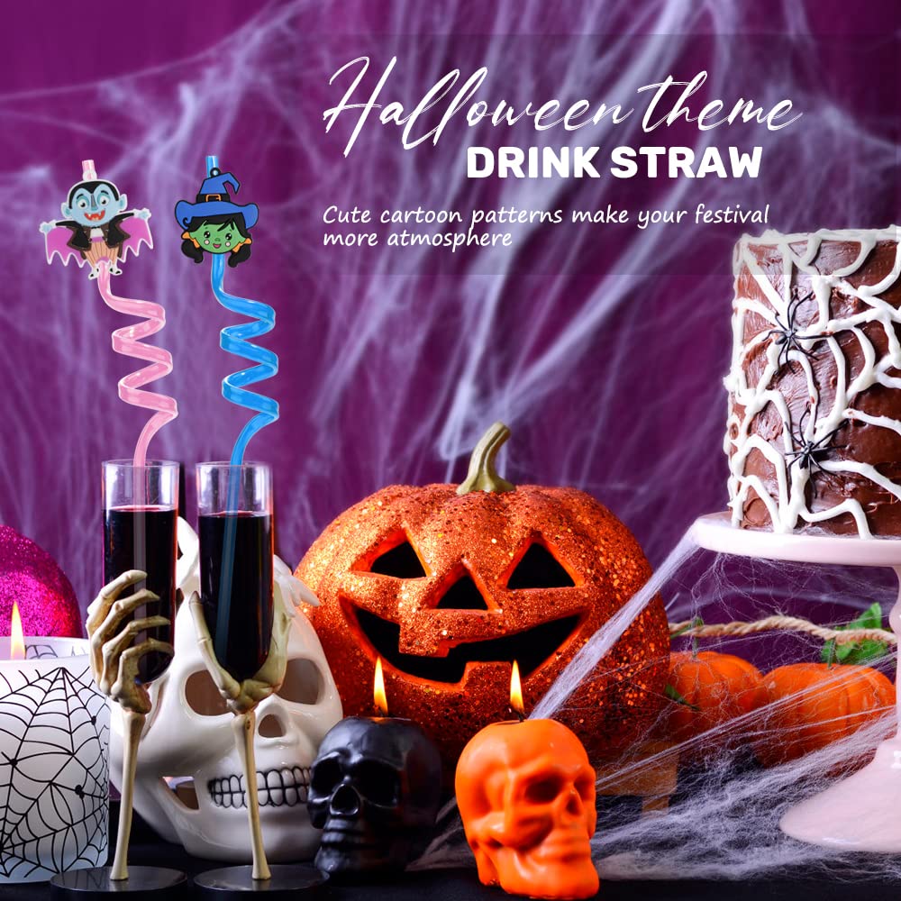 24 Pack of Cocktail Stirrers Curved Straws, Clear Reusable Pumpkin Witch Spider Pattern Drinking Straws for Halloween Party Decoration Supplies Birthday Party Favors, 8 Styles