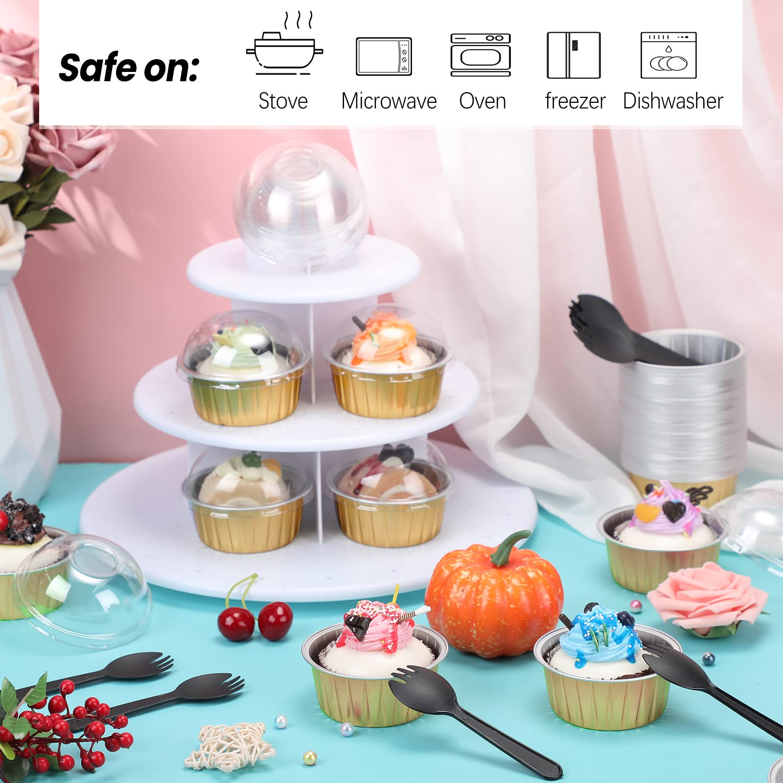200 Pack 5oz Cupcake Liners with Dome Lids with 200 Pieces Spoons Bulk Aluminum Muffin Liners Foil Baking Cups Muffin Tin Dessert Pudding Holders for Individual Bakery Wedding Birthday Party