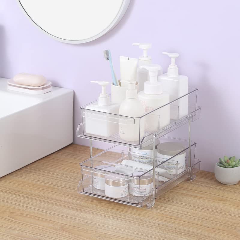 2-Tier Clear Organizer with Sliding Storage Drawers, Baskets, with Handles and Dividers for Kitchen, Closet, Kitchen Pantry Medicine Cabniet Storage Bins Bathroom, and Office, BPA Free (1 PACK)