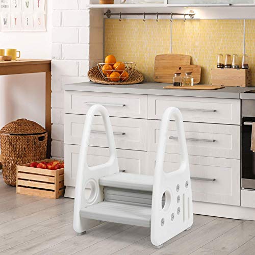 Costzon Kids Step Stool, Toddler Step Ladder for Toilet Potty Training, Kitchen Counter, Bathroom, Two Step Learning Tower w/Non-Slip Design, Safety Handles, 200 Lbs Weight Capacity (Grey)