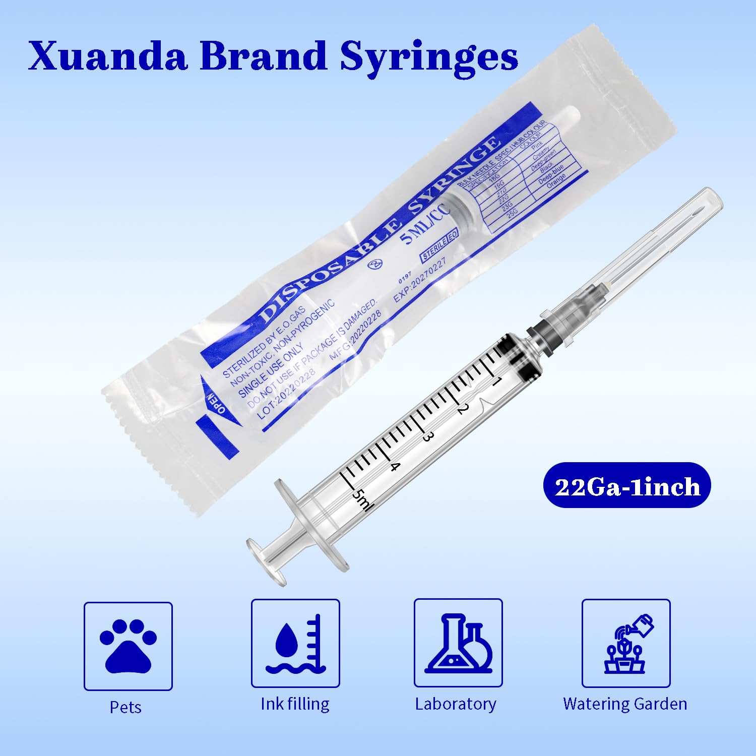 Xuanda 5ml/cc Syringes with 22 G Safety Individually Wrapped (25)