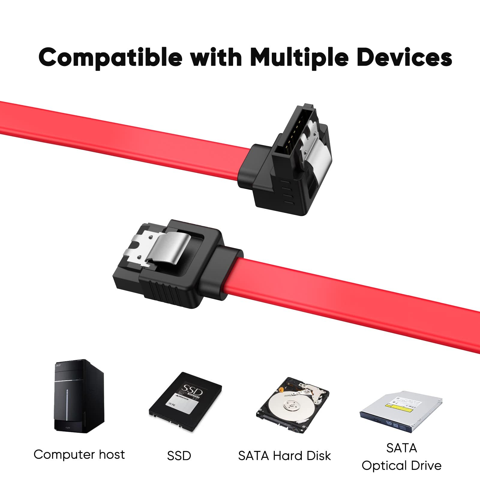 CableCreation SATA III Cable, [2-Pack] 8-Inch/0.6FT SATA III 6.0 Gbps 7pin Female to Downward Right Angle Female Data Cable with Locking Latch, Support for 2.5'' SSD,3.5''HDD Drive, Red