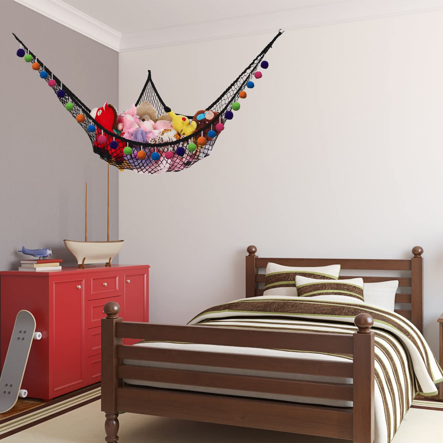 Net for Stuffed Animals, Meirenda Stuffed Animal Hammock or Net Jumbo Stuffed Toy Net Storage Organizer Kids Sling Corner Wall Mesh Toy Hammock for Stuffed Animals with Balls(Black, 70 inch)
