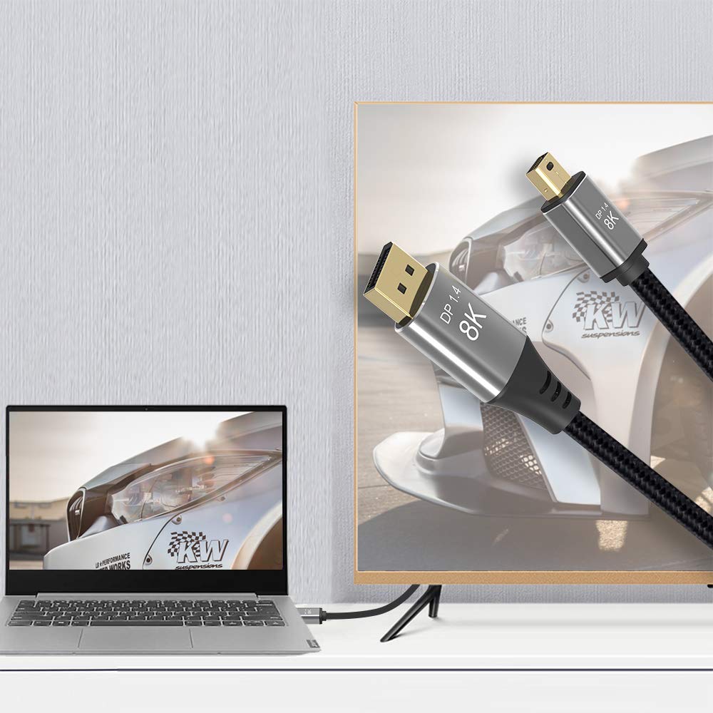 CABLEDECONN 2M 6.6FT Mini DP to DisplayPort 8K Cable 8K(7680x4320)@60Hz 4K@144Hz Display Port 1.4 Bi-Directional Transmission DP to Mini DisplayPort 8K