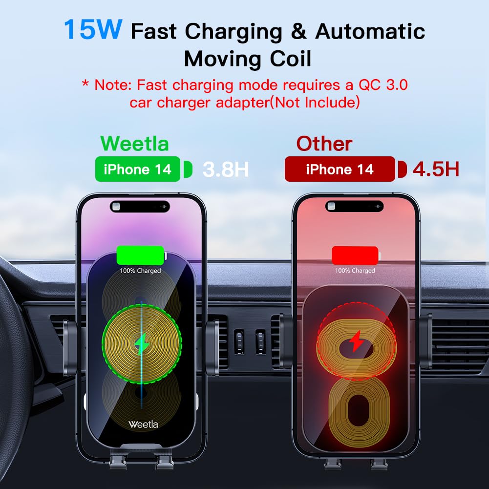 ๐ฎ๐ฌ๐ฎ๐ฏ ๐ก๐ฒ๐ Weetla Wireless Car Charger,Charging Auto-Alignment, Air Vent 360ยฐ Adjustable Auto-Clamping Car Phone Holder Mount Wireless Charging for iPhone 15/14/13/12/11/Pro Max (Gray)