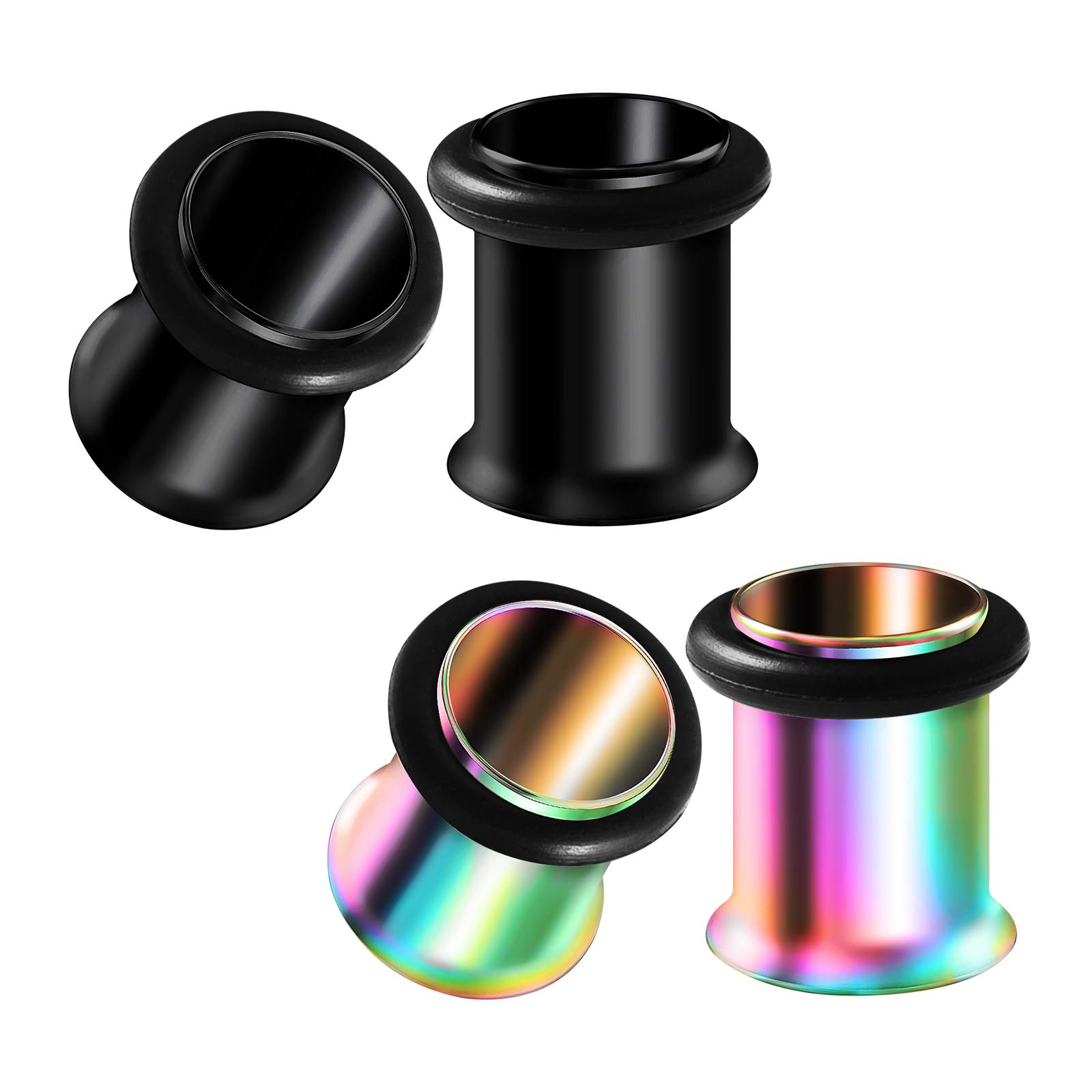 2 Pairs Steel Rainbow Anodized Gauges 12 mm Black Single Flared Piercing Ear Stretcher Plugs O-ring flesh Tunnel Lobe BG11625