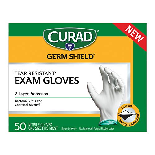 CURAD Shield Nitrile Exam Gloves, Disposable Gloves are Tear Resistant, One Size Fits Most (50 Count), Can be used as medical gloves, cleaning gloves, or for home improvement tasks