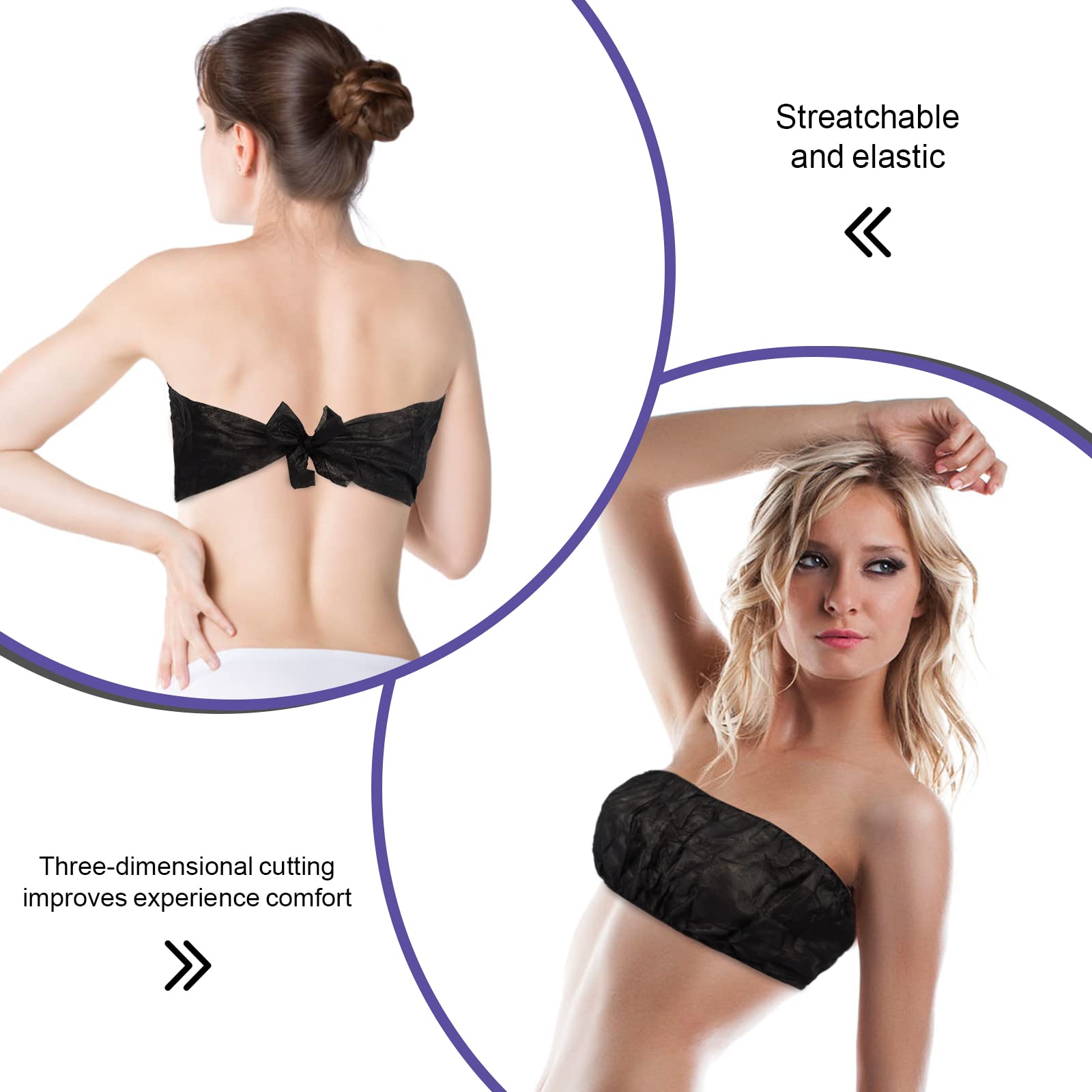 JUNFAN 50 Pack Womens Disposable Vacation Bra Strapless Underwear Individually Wrapped General Size for Beauty Salon, SPA, Spray Tanning Black