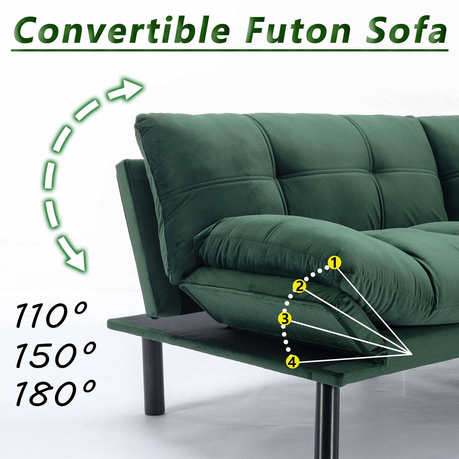 70β Modern Velvet Futon Couch Sleeper,Convertible Sleeper Sofa Bed with Adjustable Backrests and Folding Armrest for Living Room Bedroom Office Apartment,Split Back,Mattress Included (Green)