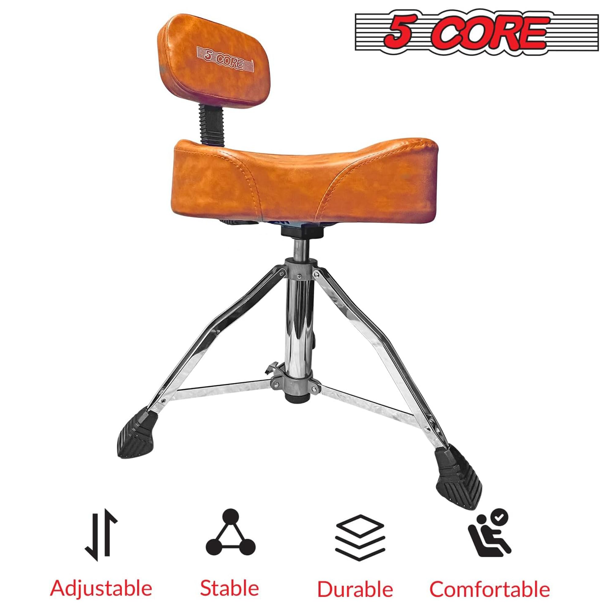 5 CORE Drum Throne with Backrest Adjustable Guitar Chair Thick Memory Foam Saddle Seat Removable Motorcycle Style Drum Stool Tripod for Adult Drummers for Piano Guitar Cello Players DS CH BR Rest
