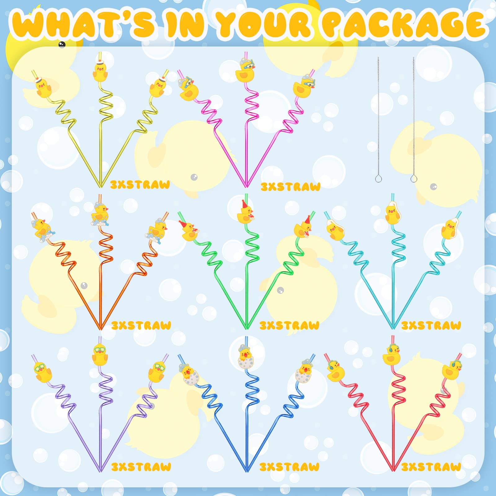 24 Pcs Duck Straws Duck Birthday Party Favors Duck Drinking Straws with 2 Pcs Cleaning Brushes Yellow Duck Theme Reusable Plastic Silly Straws for Kids Birthday Party Supplies, 8 Designs