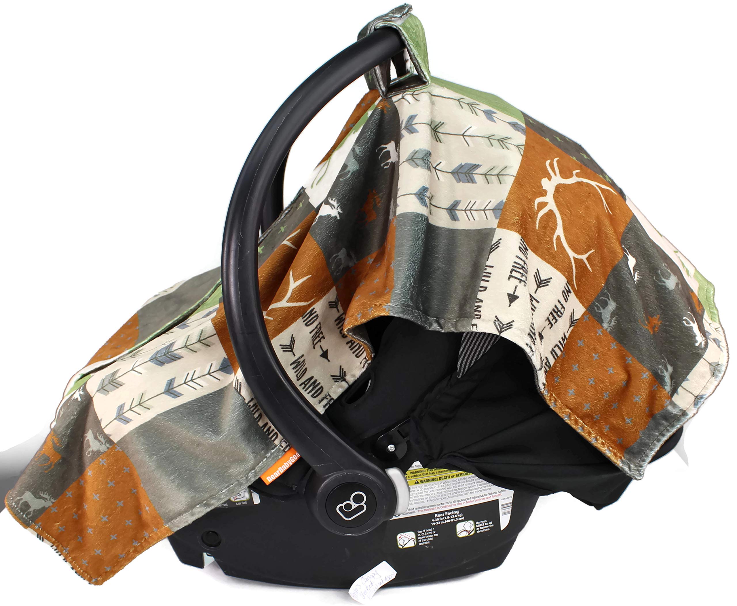 Dear Baby Gear Deluxe Reversible Car Seat Canopy, Custom Minky Print, Faux Quilt Rust Adventure and Moose on Brown