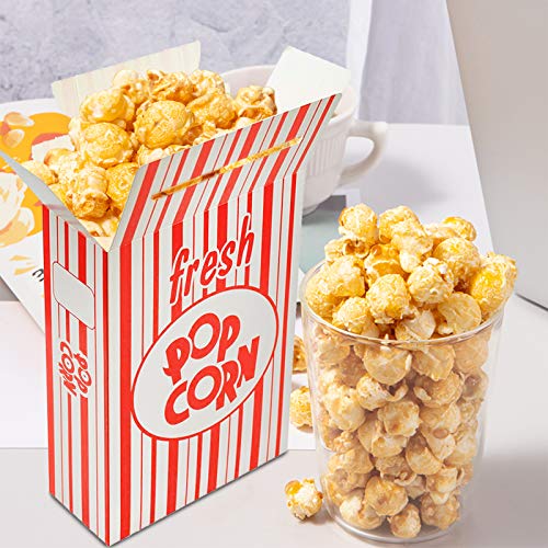 Fasmov 100 Pack Paper Popcorn Boxes, 6" L x 2 1/2" W x 8 1/2"H Close Top Movie Theater Popcorn Boxes, Popcorn Containers for Movie Party and Theater Night (Red and White Stripes)