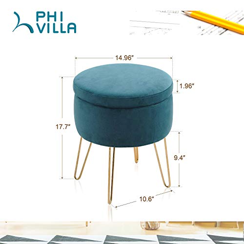 PHI VILLA Storage Ottoman,Blue Round Ottoman with Storage Box and Removable Lid, Upholstered Decorative Metal Legs Ottoman Footrest/Footstool for Living Room,Bedroom and Kids Room,Velvet,Blue