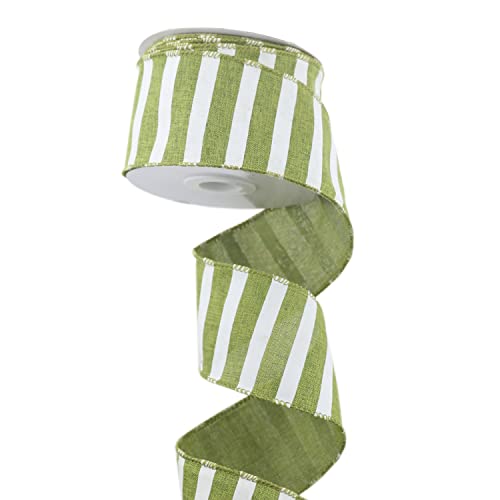 DINDOSAL Sage Green Wired Ribbon 2.5" Horizontal White Stripe Wired Edge Burlap Ribbon Farmhouse Wire Ribbon for Wreaths Crafts Supplies Gift Wrapping Bows Making Spring Decorations - 10 Yards