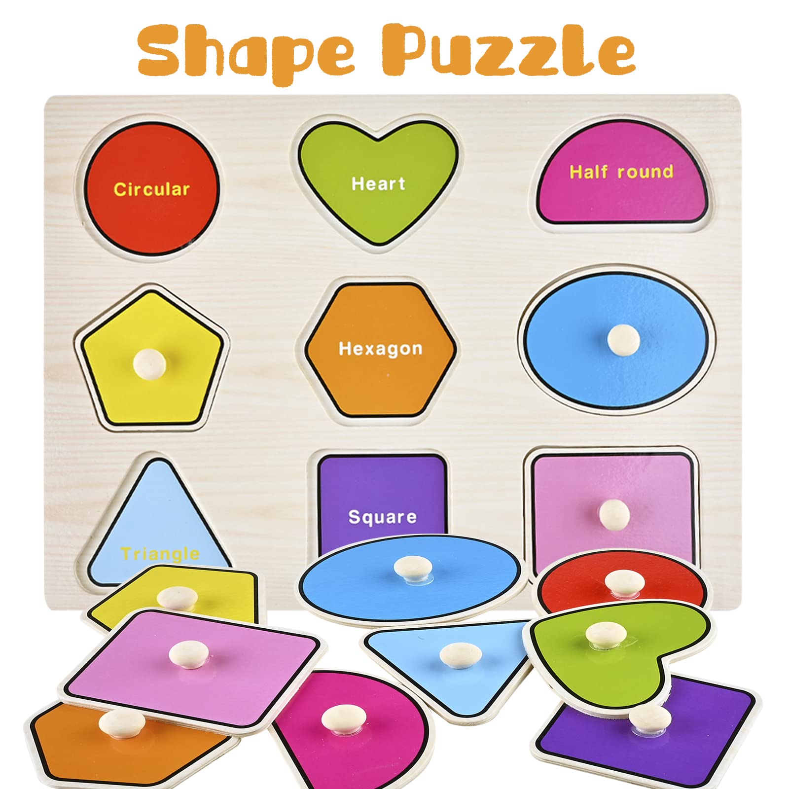 3 Pack Wooden Peg Puzzles for Toddlers 1-5, Alphabet Number Shape Blocks Preschool Educational Pegged Board for Kids 1 2 3 4 5 Years Old Gifts