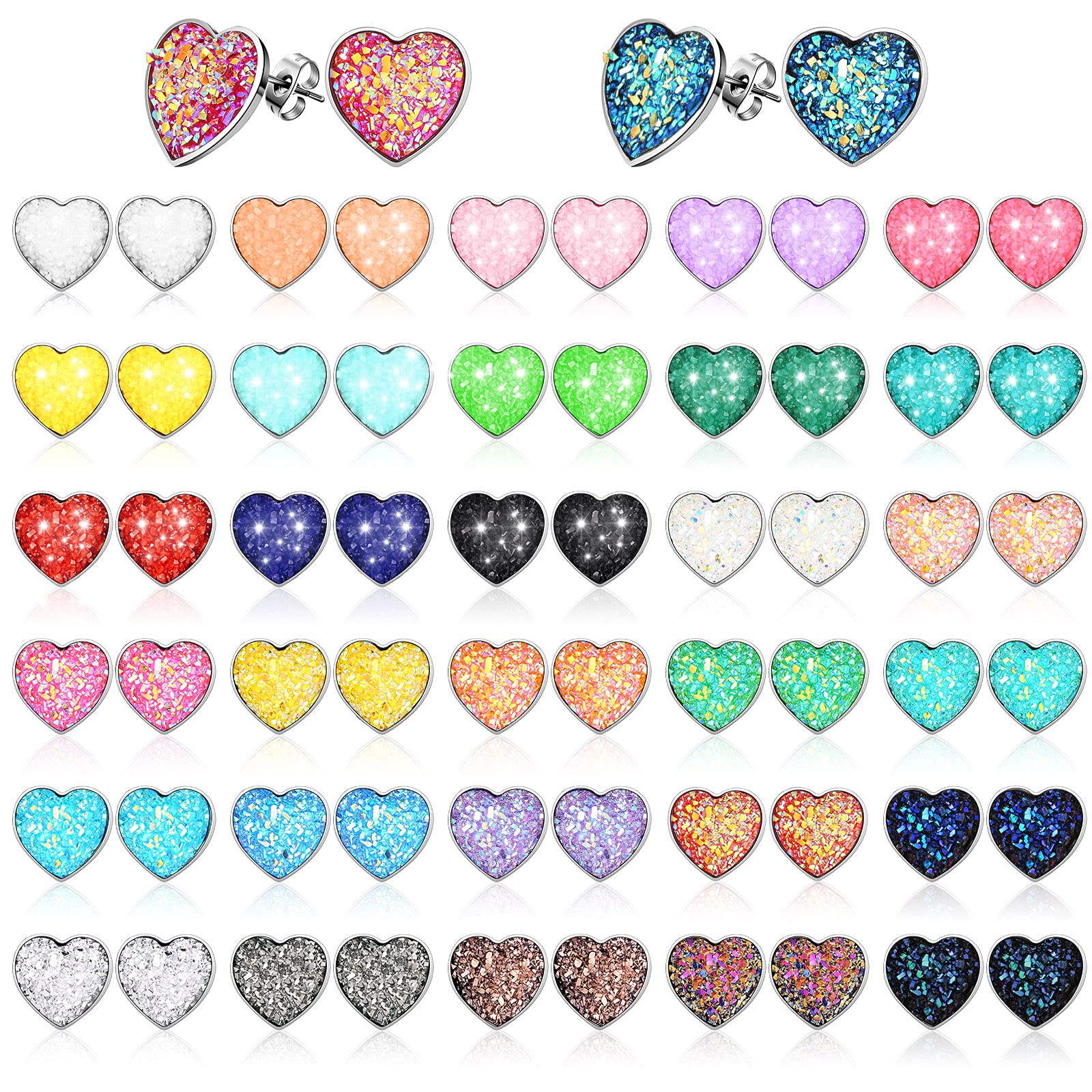 32 Pairs Faux Druzy Stud Earrings Stainless Steel Druzy Stud Earrings Glitter Pierced Earrings for Women Girls (Heart Shape)