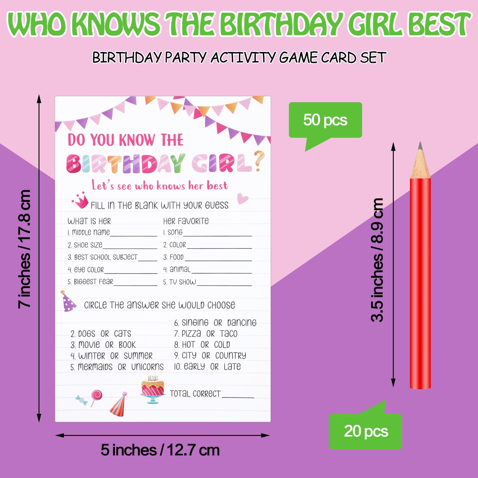 50 Sheets Who Knows The Birthday Girl Game Cards Birthday Girl Party Game Cards with 20 Pieces Pre Pointed Wood Pencils Notebook Themed Party Activity Card for Sleepover Slumber Party Supplies