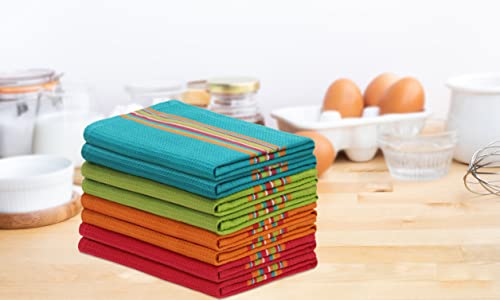 COTTON CRAFT Salsa Stripe Kitchen Towels - 12 Pack 100% Cotton Tea Dish Towels - Absorbent Reusable Low Lint Quick Dry - Multi Purpose Cooking Drying Restaurant Bar Cleaning Cloth Napkin - 16x28 Multi