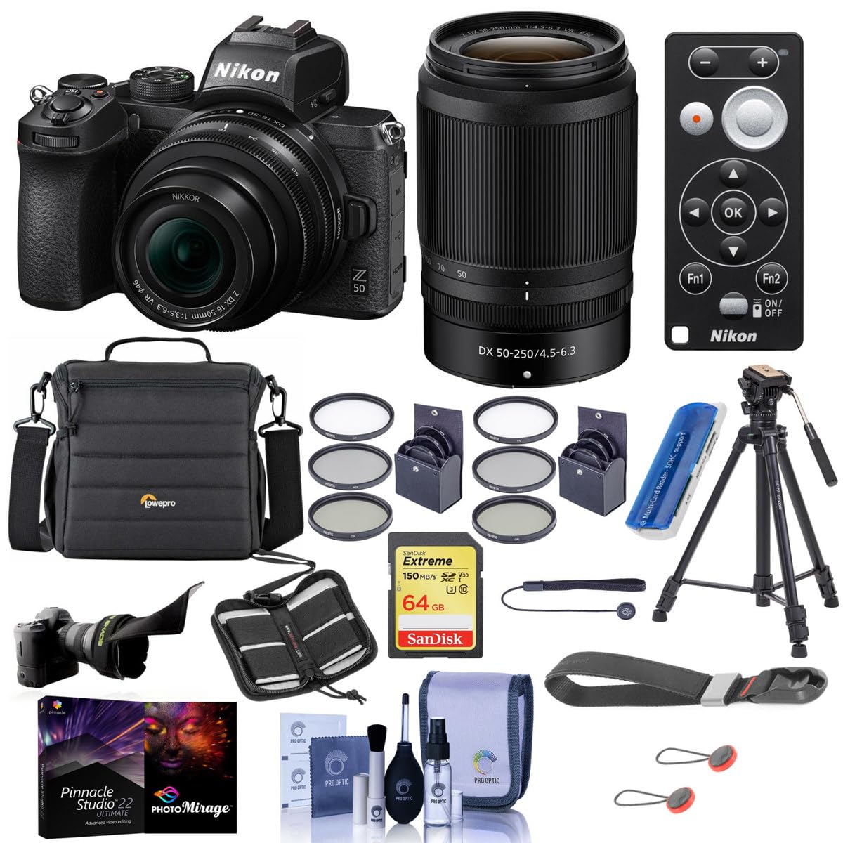 Nikon Z50 DX-Format Mirrorless Camera with Z DX 16-50mm f/3.5-6.3 VR and Z DX 50-250mm f/4.5-6.3 VR Lenses - Bundle with Camera Case, 64GB SDXC Card, Tripod, 62/46mm Filter Kit, Pro Software + More