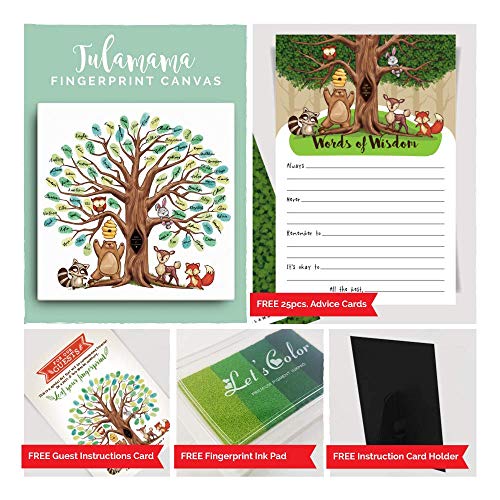 Fingerprint Tree Canvas - The Alternative to A Baby Shower Guest Book - with 25 Complimentary Good Advice Cards & Ink, Woodland