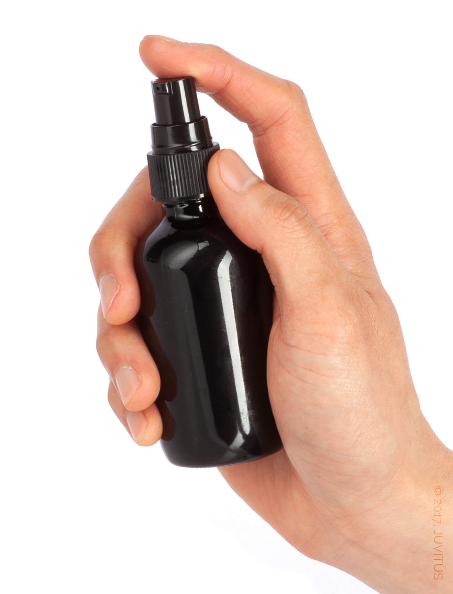 JUVITUS 2 oz Black Glass Luxury Boston Round Bottle with Black Treatment Pump (12 Pack) + Funnel