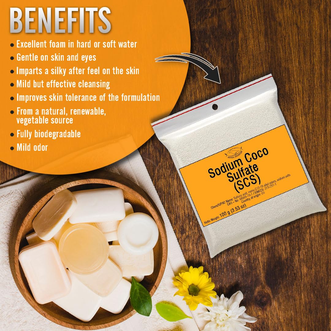 Artekas Innovation Sodium Coco SULFATE (SCS) - Fine Granules - Anionic, Foaming Surfactant - for Homemade Solid Shampoo Bars, Soap, Foamy, Bubbly Products, Hair, Body - 100 g | 3.53 Oz