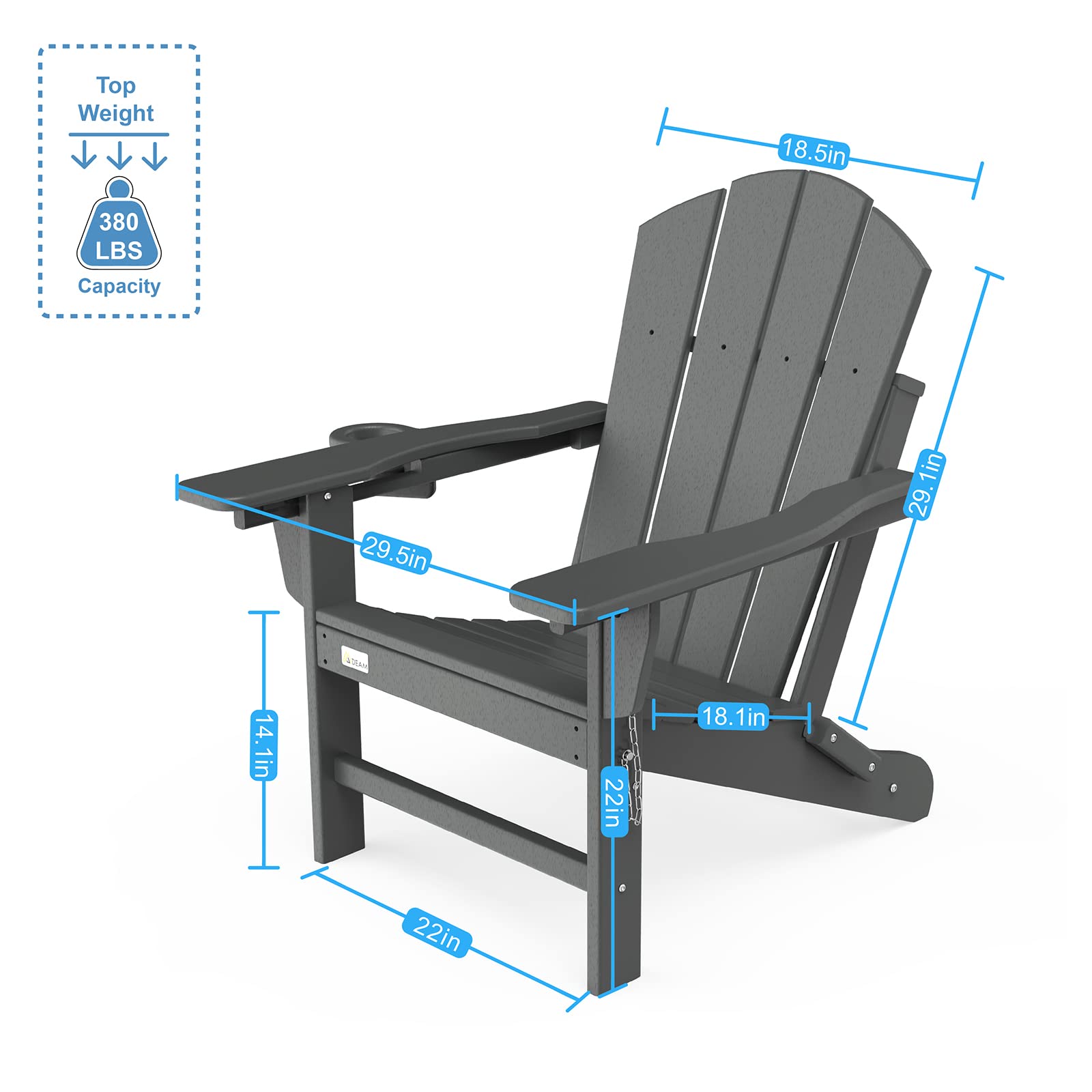 Mdeam Folding Adirondack Chair Set of 4, Adjustable Backrest, Fire Pit Chairs with Cup Holder, HDPE All Weather for Patio Lawn Deck Campfire Garden Outdoor, Grey