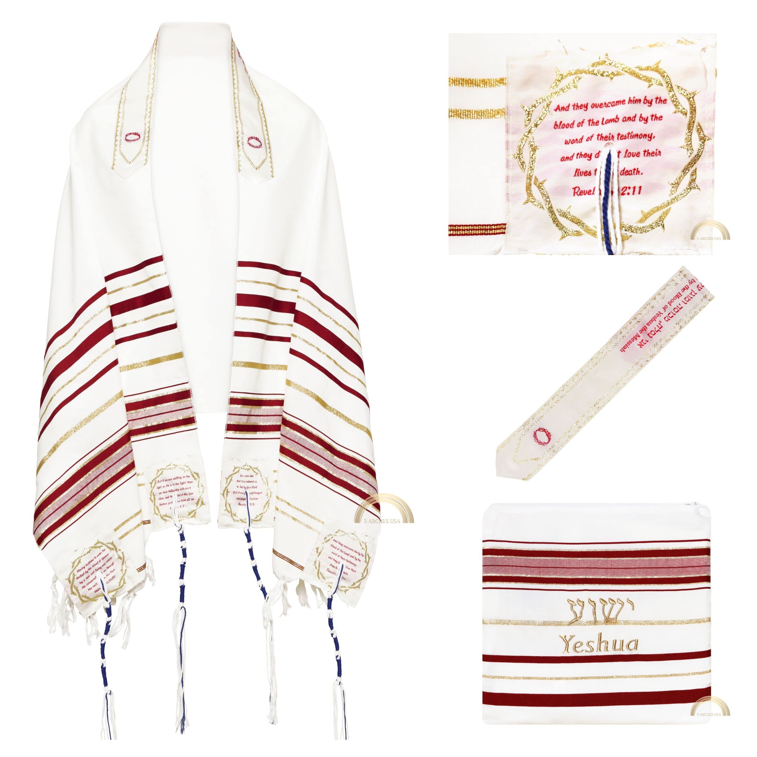 3 ARCHES USA, The Blood Of Yeshua The Messiah,Prayer Shawl from Israel Messianic Tallit Prayer Shawl- Red 72"x 22" Jewish Prayer Shawl with Bag, Scripture Corners & Hebrew Prayer