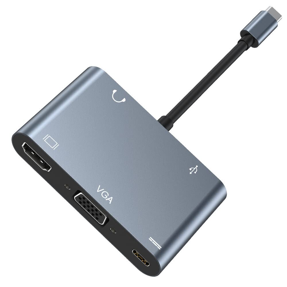5 in 1 Type-C Docking Station USB-C Hub Adapter with USB3.0 USB-C PD 100W 4K HDMI-Compatible 1080P VGA 3.5mm Audio for PC Computer Laptop BYL-2002