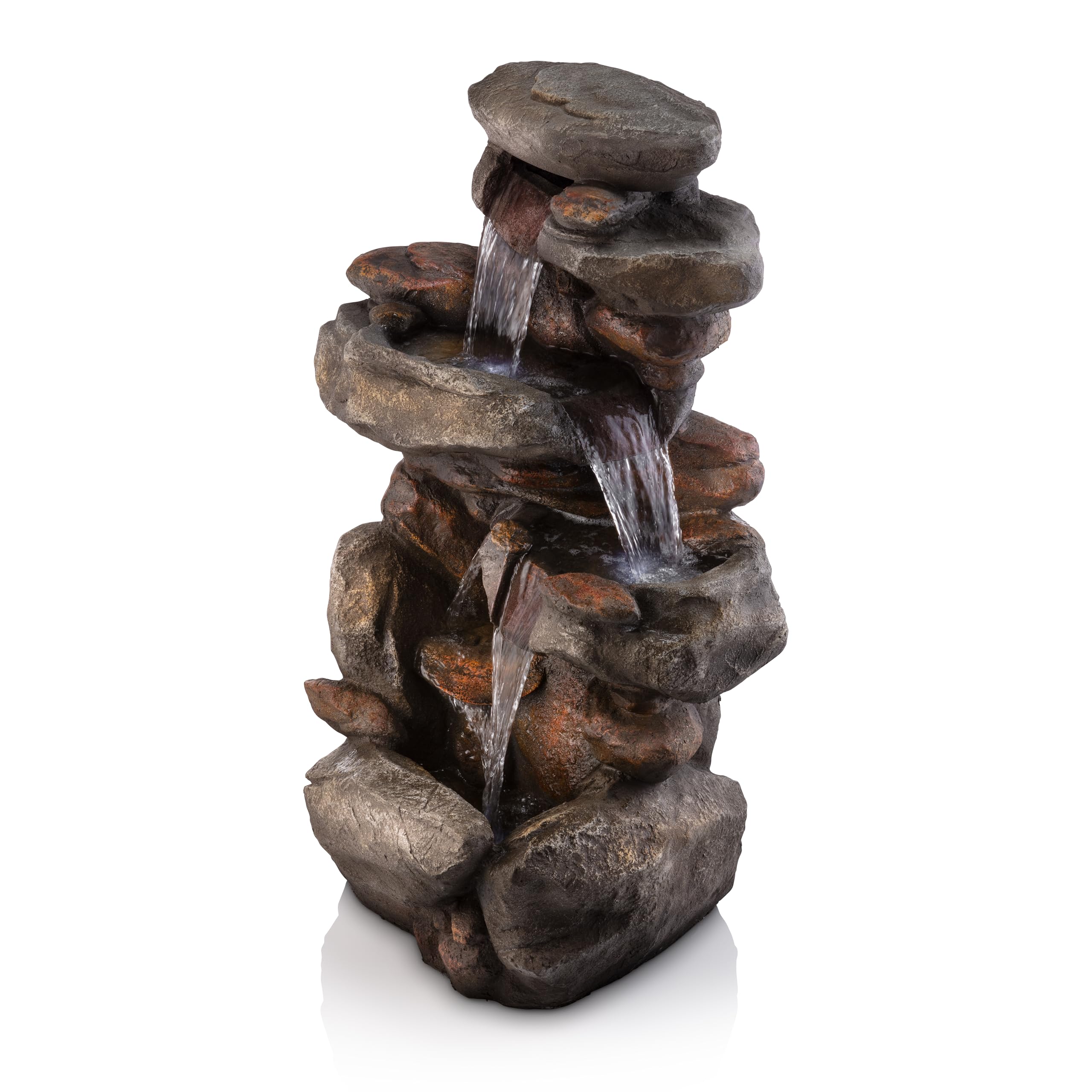 Alpine Corporation WIN316 Outdoor Floor 4-Tiered Rock Water Fountain for Garden or Patio with Natural Stone Look, 40", Light Gray