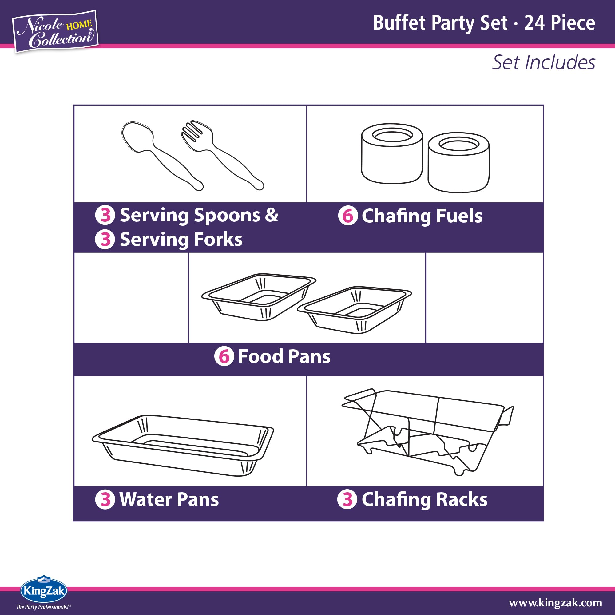 24 Piece Party Serving Kit Includes Chafing Dish Buffet Set and Serving Utensils For All Types Of Parties And Events, 3 complete Disposable Party Sets