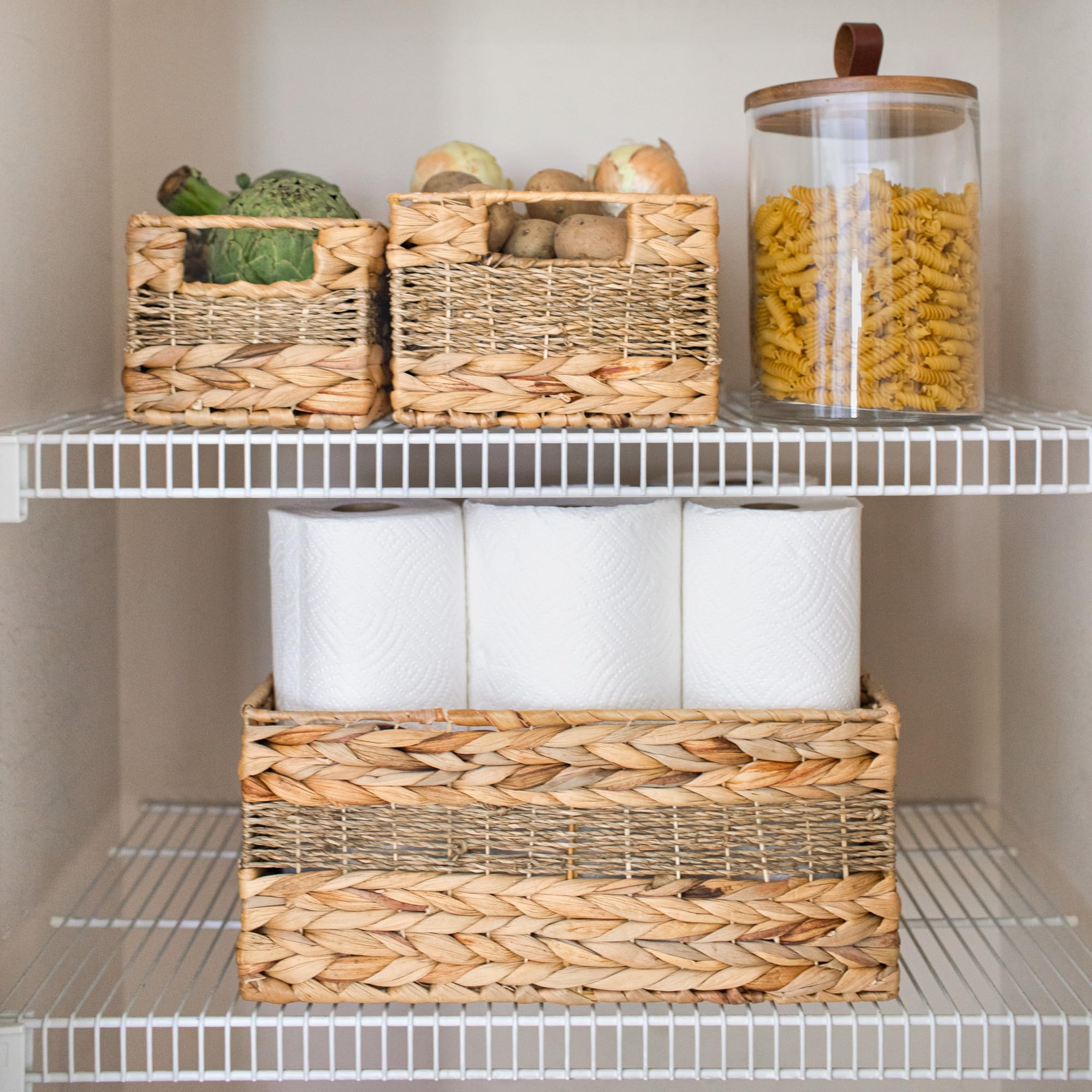 Artera Large Wicker Storage Basket - Set of 4 Woven Water Hyacinth Baskets with Handle, Large Rectangular Natural Nesting Storage Bins for Bedroom, Bathroom, Laundry Room or Kitchen (Style 1)