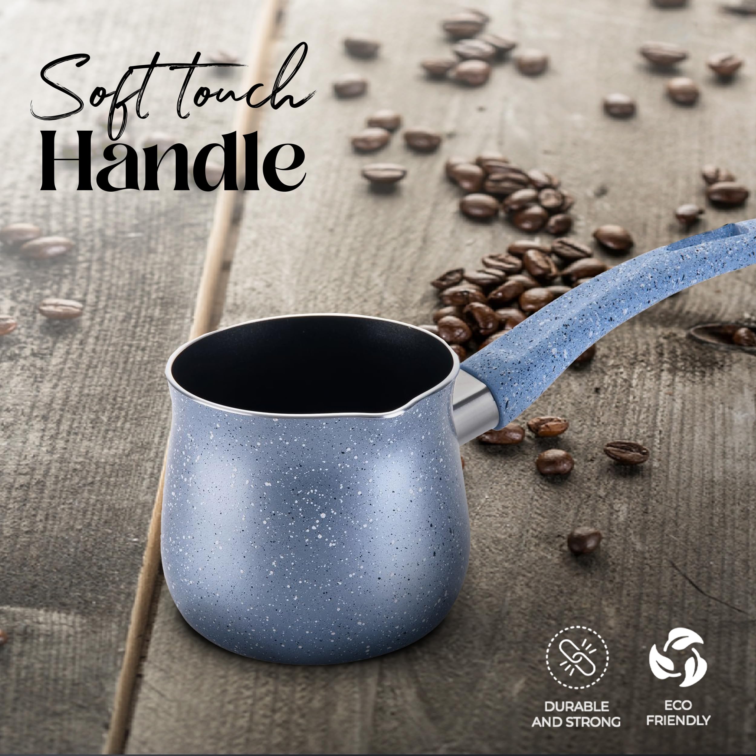 Alpine Cuisine Coffee Warmer 28oz Nonstick Coating, Marble Blue with Bakelite Handle, Turkish Coffee Maker Butter Warmer Aluminum Greek Coffee Heating Melting Milk Pot for Home & Café